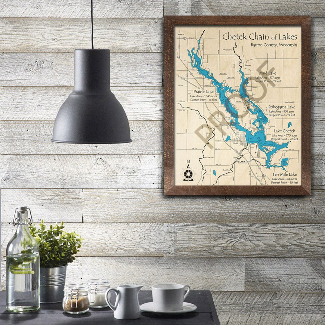 Chetek Chain of Lakes, WI 3D Wood Carved Map | Custom Nautical Wall Art ...