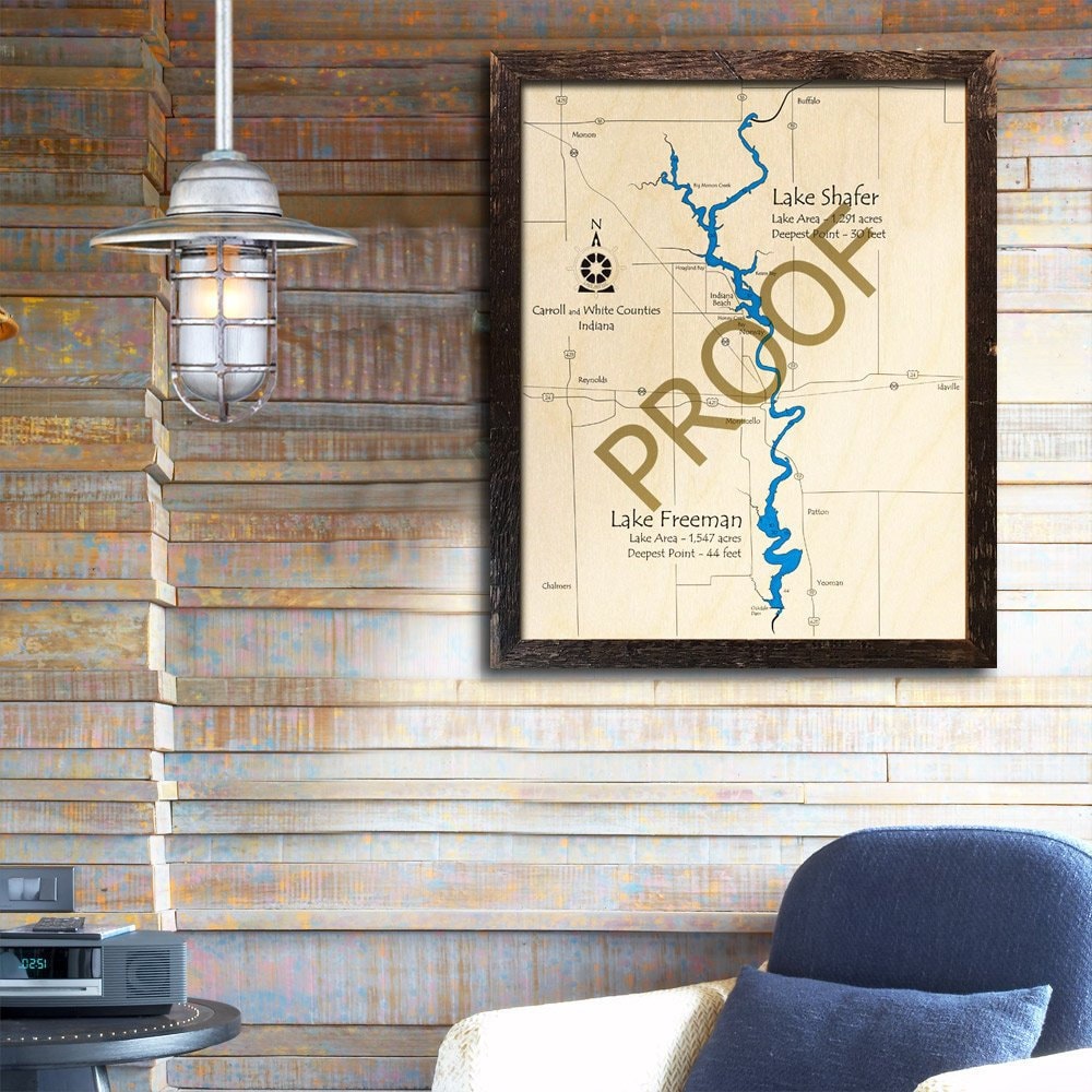 Lake Shafer - Lake Freeman, Indiana 3D Wood Map | Cabin Decor - Lake ...