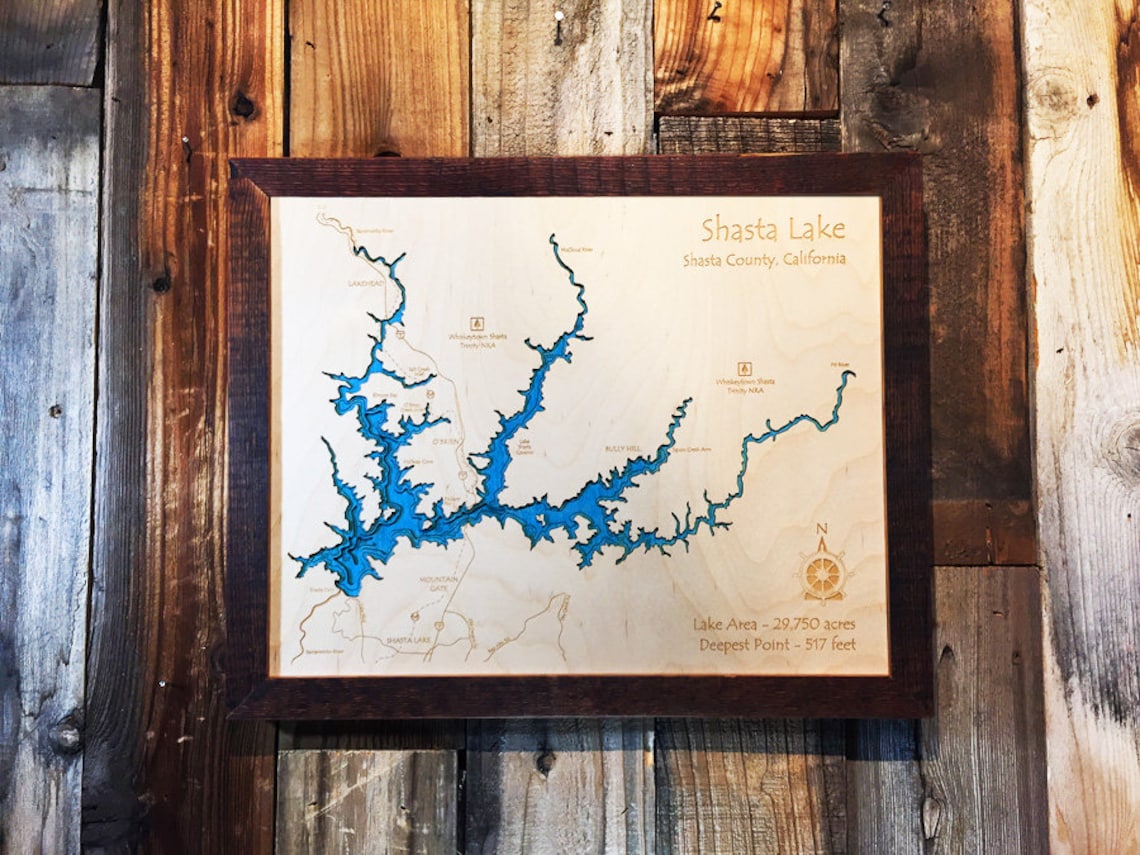 Shasta Lake CA 3D Nautical Wood Map Laser-etched Carved Wooden Map of ...