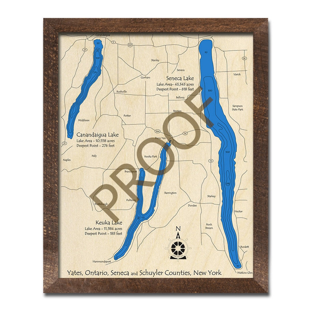 Canandaigua Lake Keuka Lake Seneca Lake, NY 3D Wood Map Custom Nautical ...