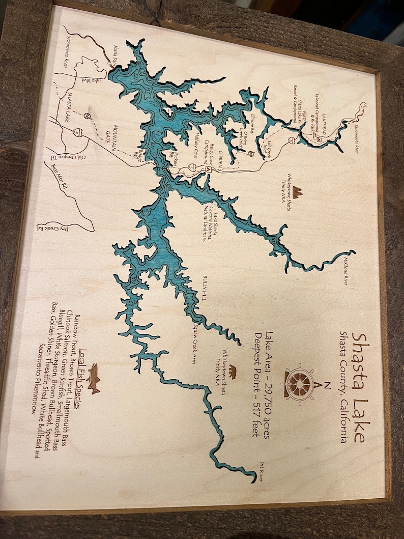 Lake Shasta 3D Wood Topo Map | Nautical Wood Chart of Shasta Lake ...