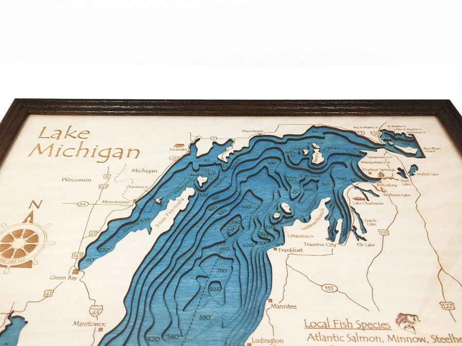 Lake Michigan 3D Laser-cut Wood Map Nautical Wood Chart of | Etsy
