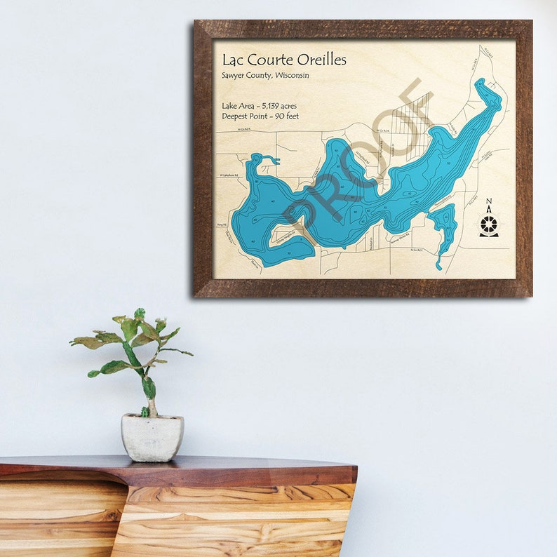 Lac Courte Oreilles WI 3D Wood Carved Map Custom Nautical | Etsy