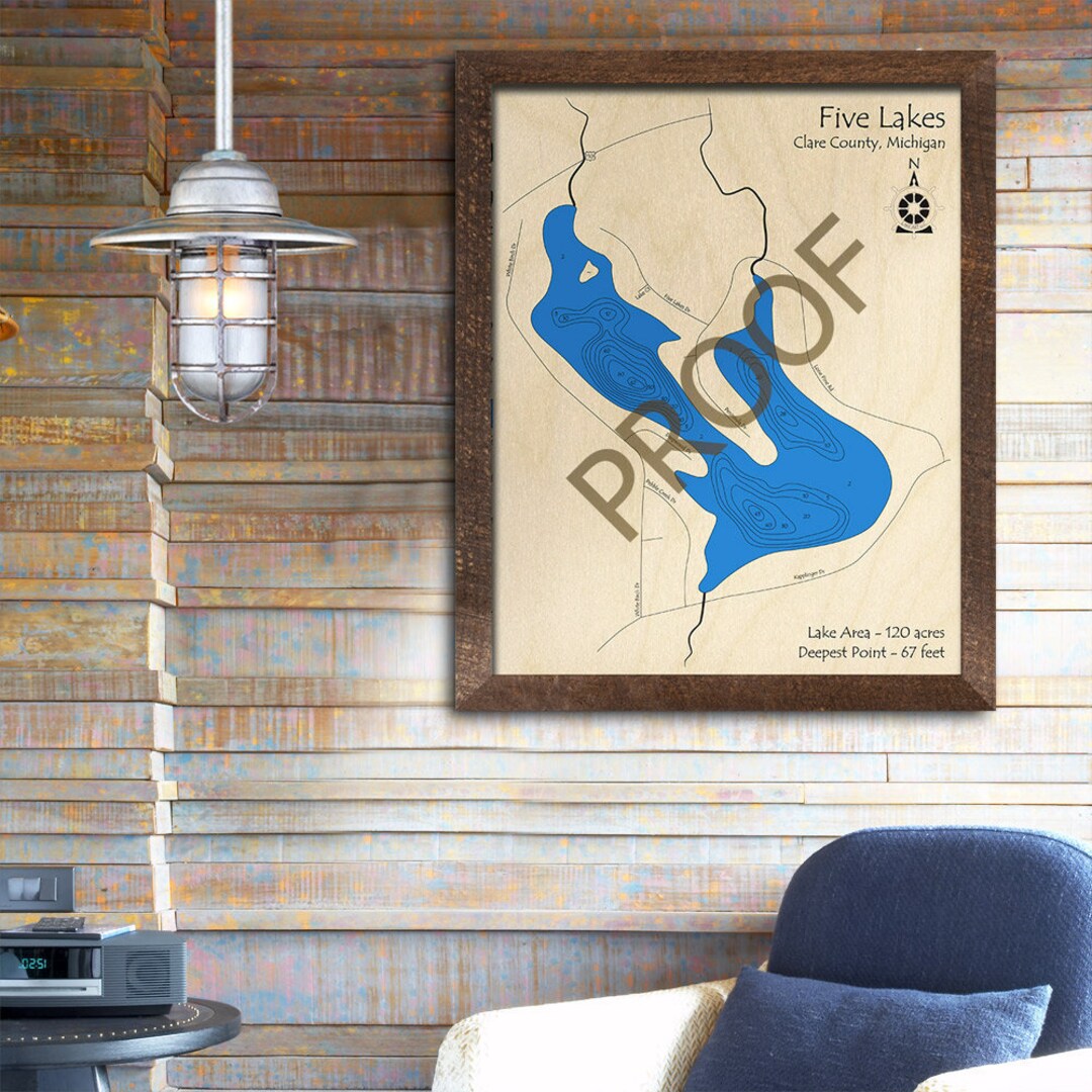 Five Lakes, MI 3D Wood Map | Custom Nautical Map, Cabin Decor, Lake ...