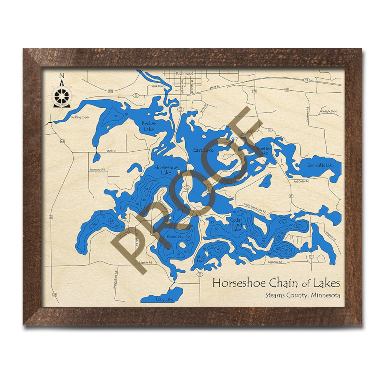 Horseshoe Chain of Lakes, MN 3D Wood Map | Custom Nautical Map, Cabin ...