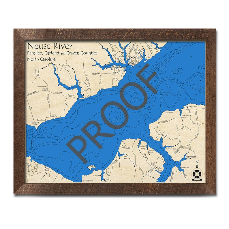 Neuse River (zoomed), NC 3D Wood Map | Custom Nautical Chart, Cabin ...