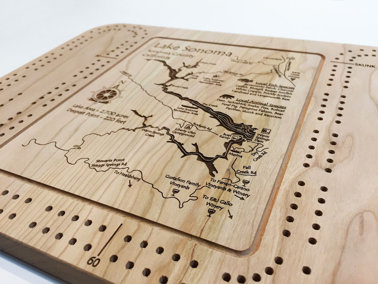 Lake Sonoma Map | Wooden Cribbage Game Board | Custom Cribbage Board ...