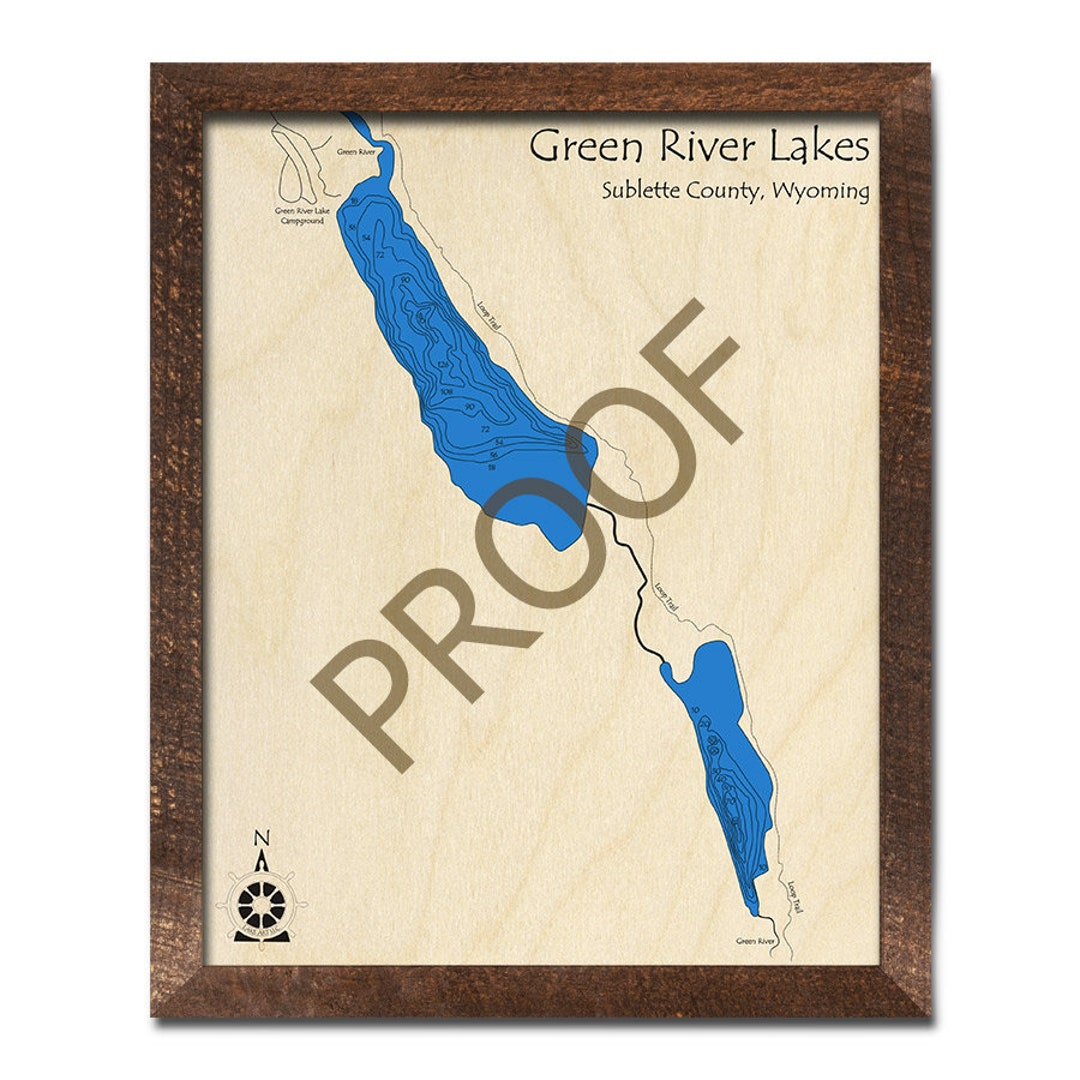 Wooden Green River Lakes Map, Wyoming, 3D Wood Map | 3D Depth Chart ...