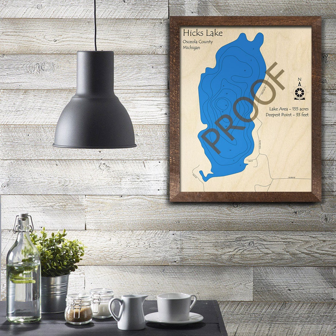 Hicks Lake, MI Mapa de madera 3D / Mapa náutico personalizado ...