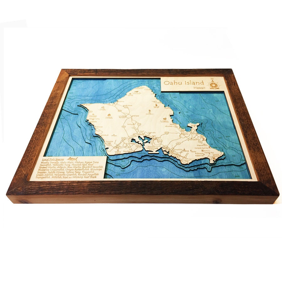Oahu Hawaii 3D Nautical Wood Map Laser-etched Carved Wooden - Etsy