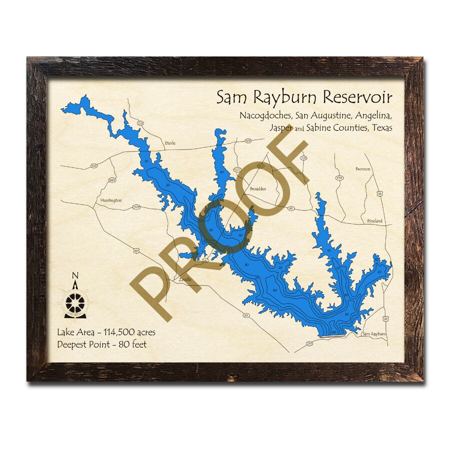 Sam Rayburn Reservoir, Texas 3D Wood Map | Lake House Décor - Cabin ...