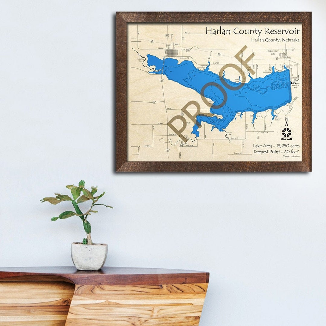 Harlan County Reservoir, NE 3D Wood Map 3D Depth Map, Cabin Decor, Lake ...
