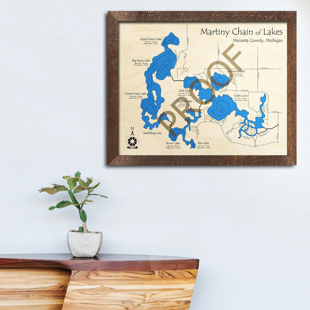 Martiny Chain of Lakes - Tubbs, Dogfish, Evans, Boom, MI 3D Wood Map ...