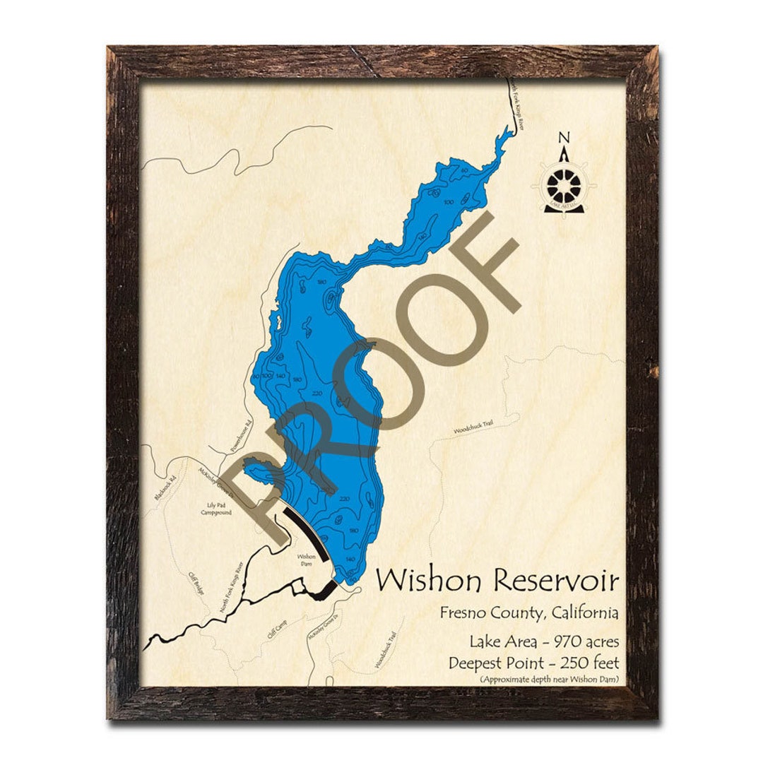 Wooden Wishon Reservoir Map | 3D Nautical Chart | Custom Cabin Decor ...