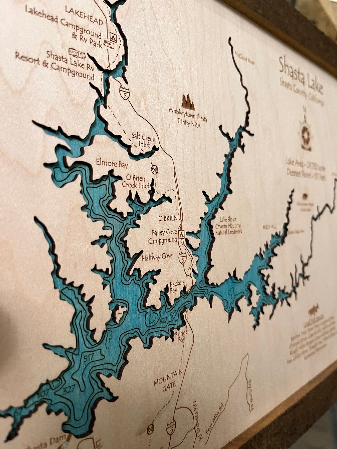 Lake Shasta 3D Wood Topo Map | Nautical Wood Chart of Shasta Lake ...
