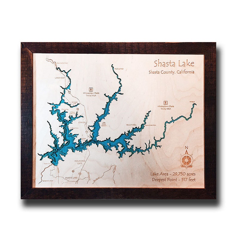 Shasta Lake CA 3D Nautical Wood Map Laser-etched Carved | Etsy