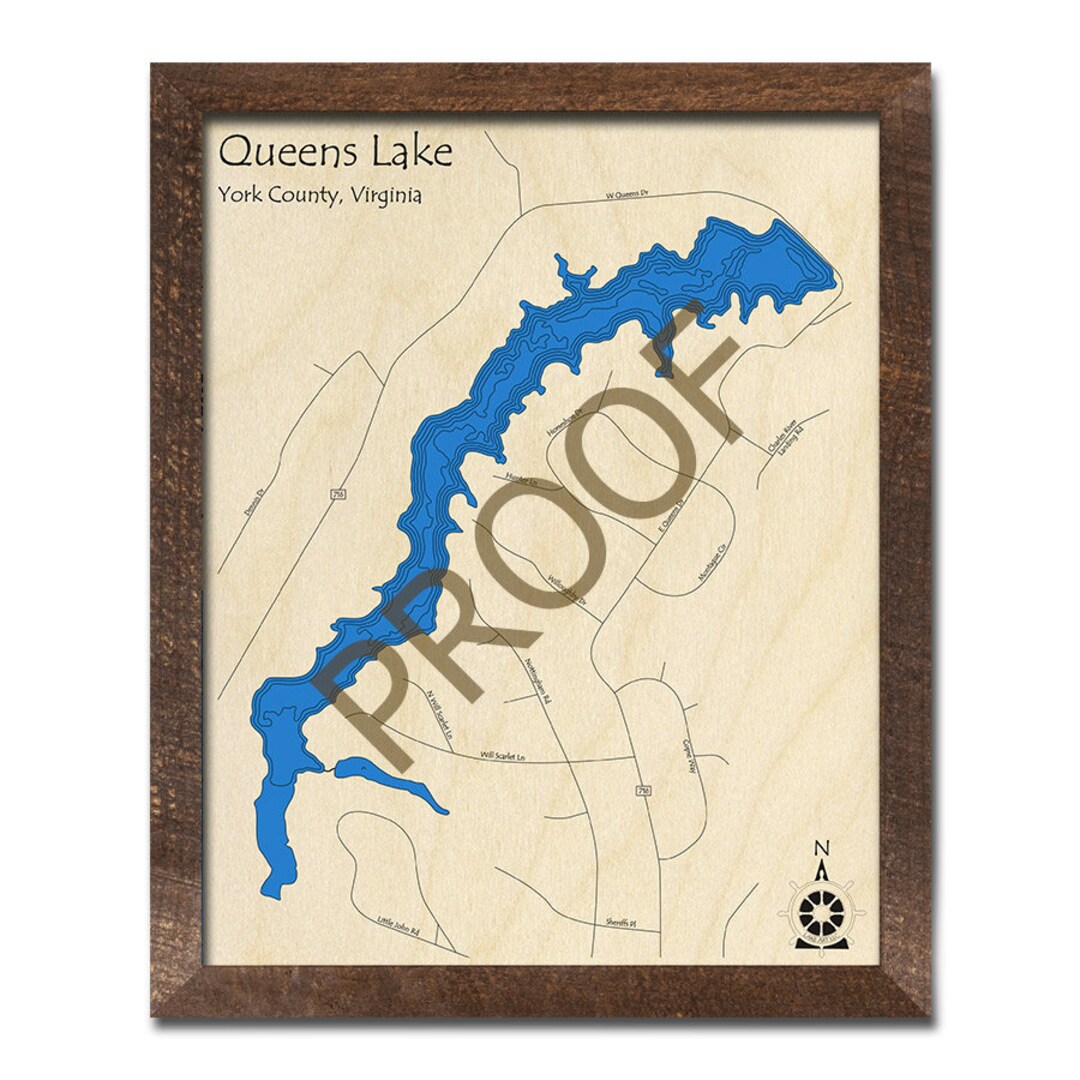3D Queens Lake Map, Virginia, 3D Wood Map | Custom Nautical Chart ...