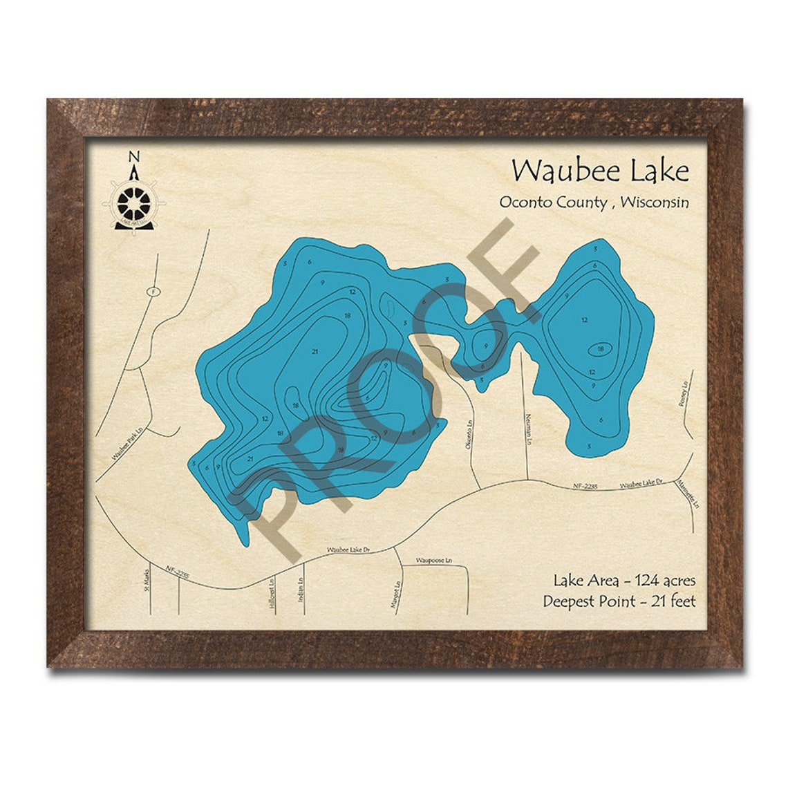 Waubee Lake, WI 3D Wood Carved Map | Custom Nautical Wall Art, Fishing ...