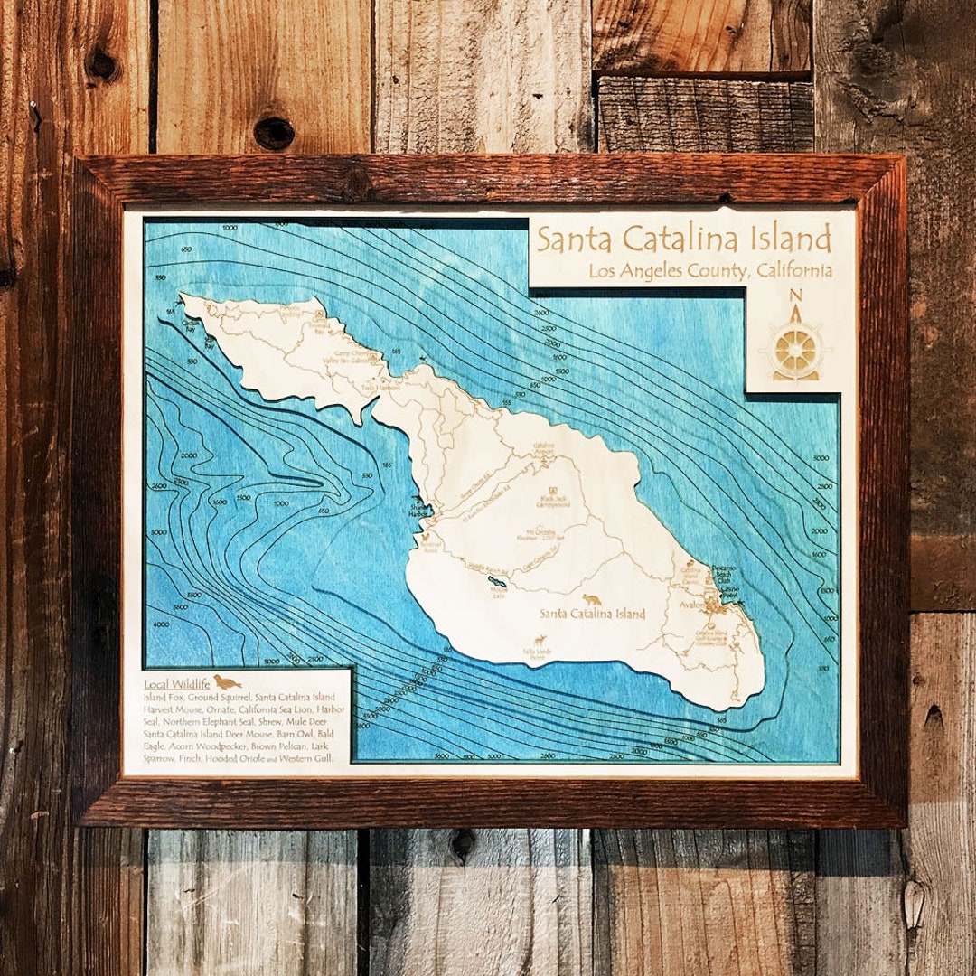 3D Catalina Map Nautical Wood Chart Laser-etched Carved 3D Wood Map ...