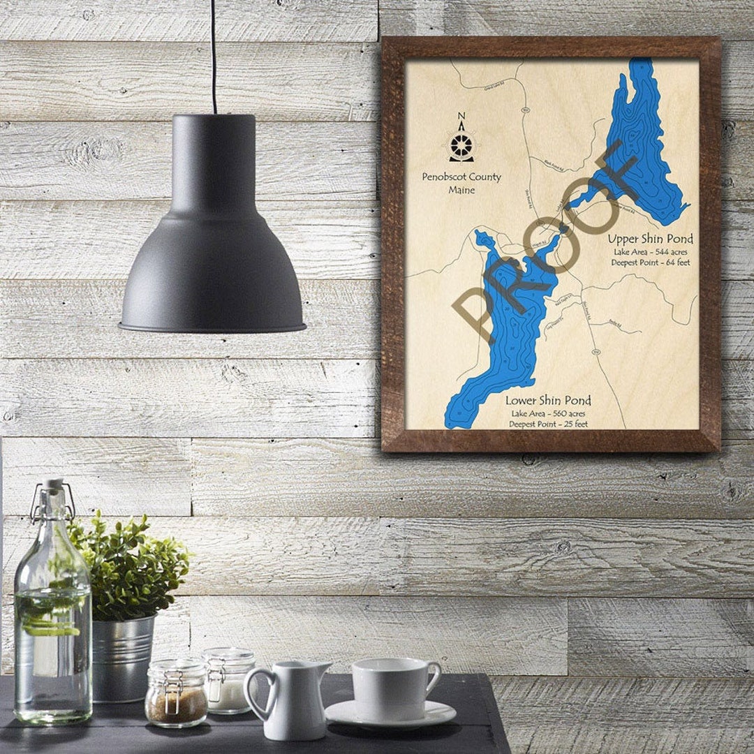 Upper and Lower Shin Pond, Maine 3D Wood Map | Custom Nautical Map ...