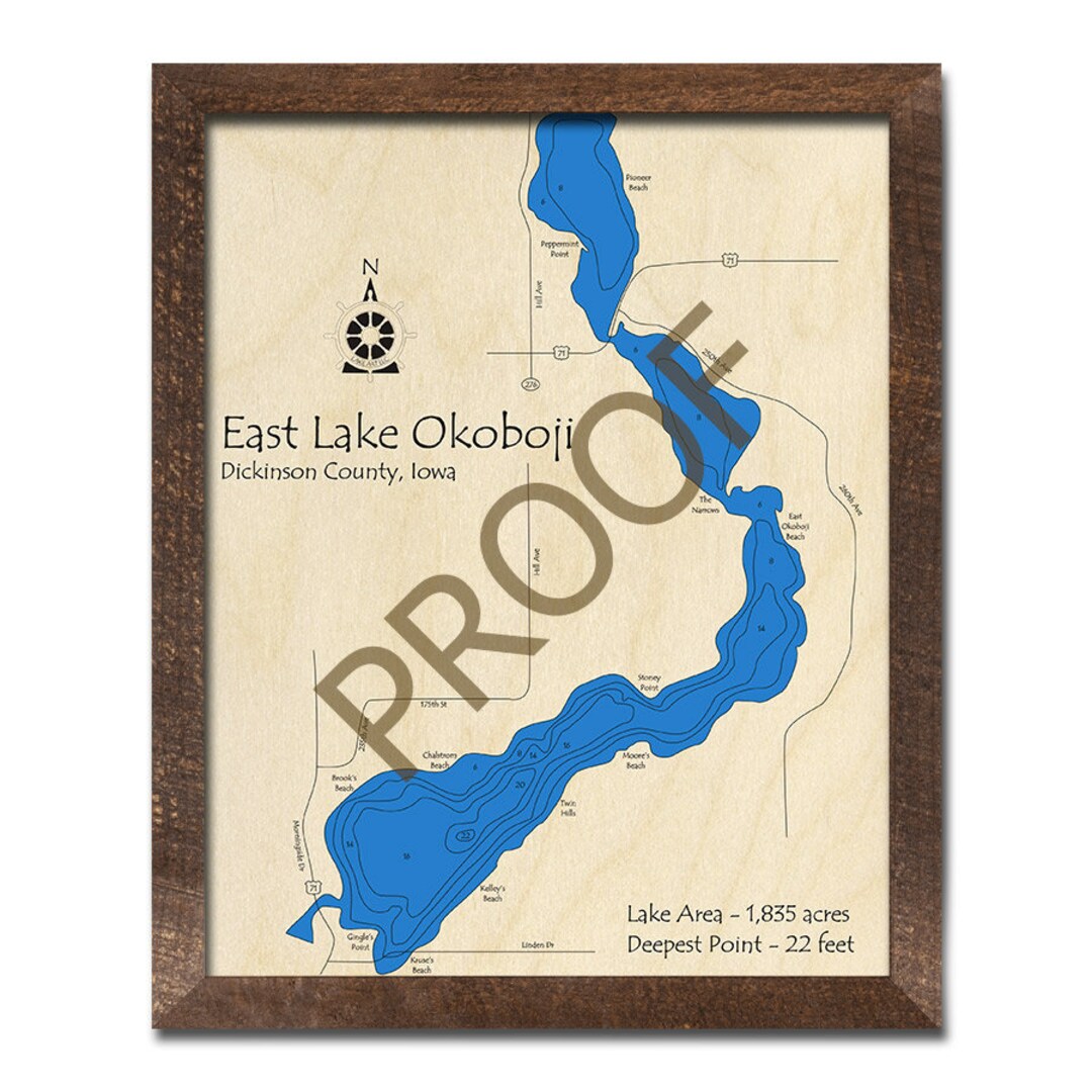 Wooden East Lake Okoboji Map, Iowa, 3D Wood Chart | Custom Nautical Map ...