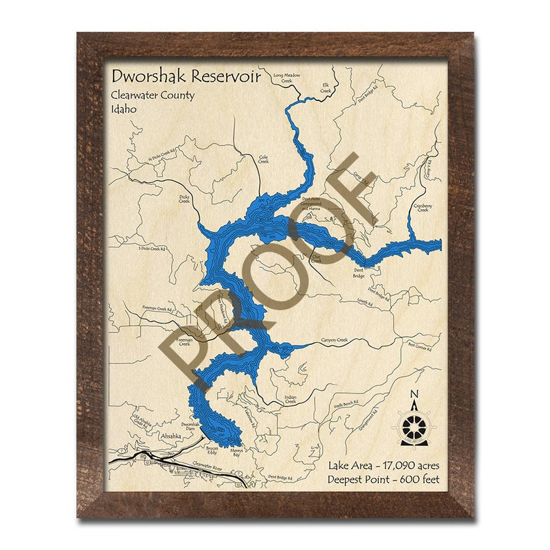 Dworshak Reservoir zoomed ID 3D Wood Map 3D Depth Map - Etsy
