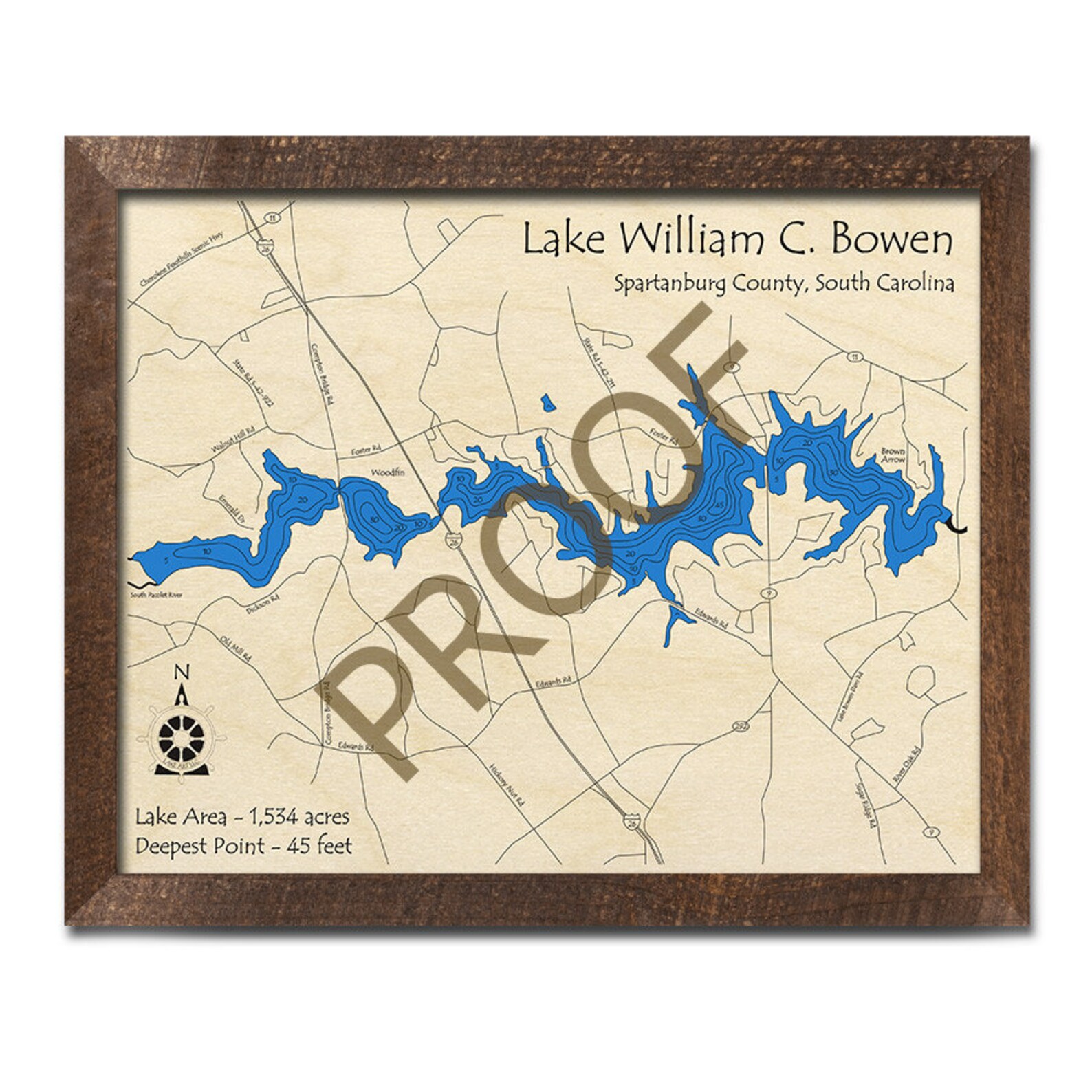 Lake William C. Bowen, SC 3D Wood Map | Custom Nautical Map, Unique ...