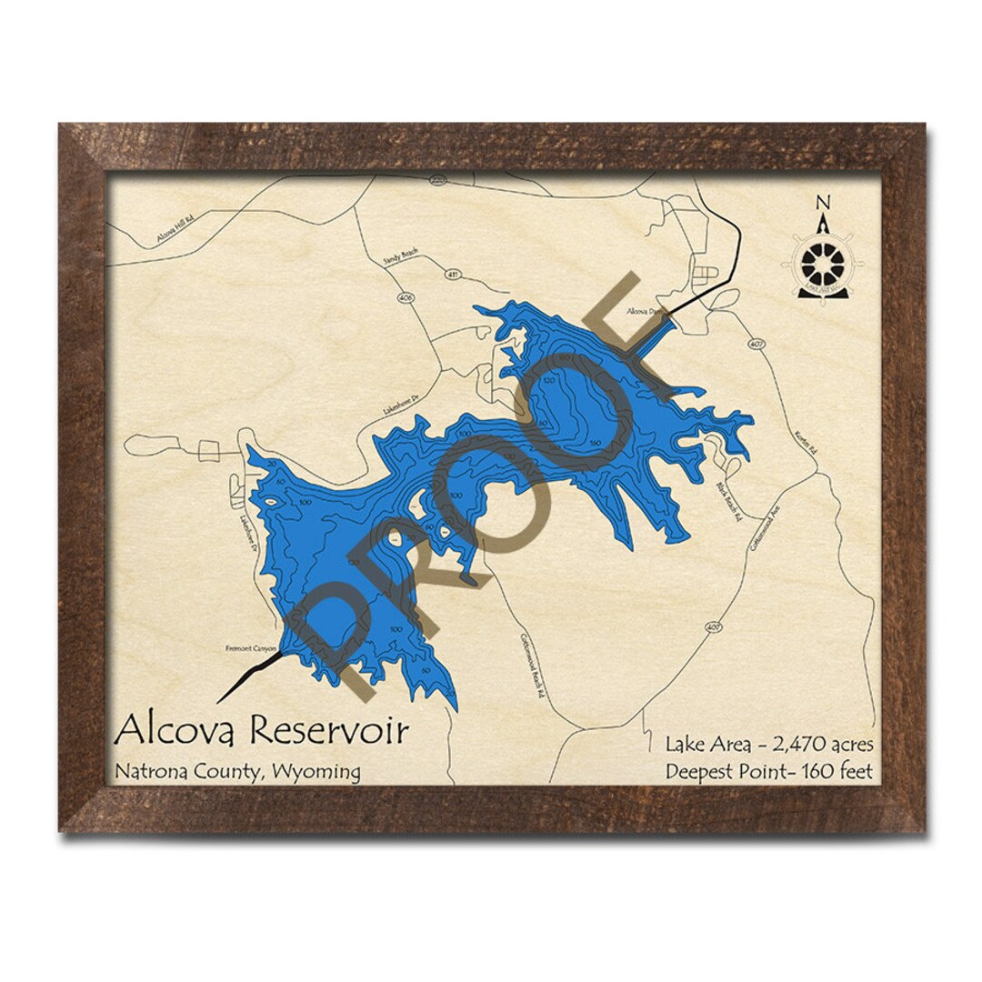 Wooden Alcova Reservoir Map, Wyoming, 3D Wood Map | 3D Depth Chart ...