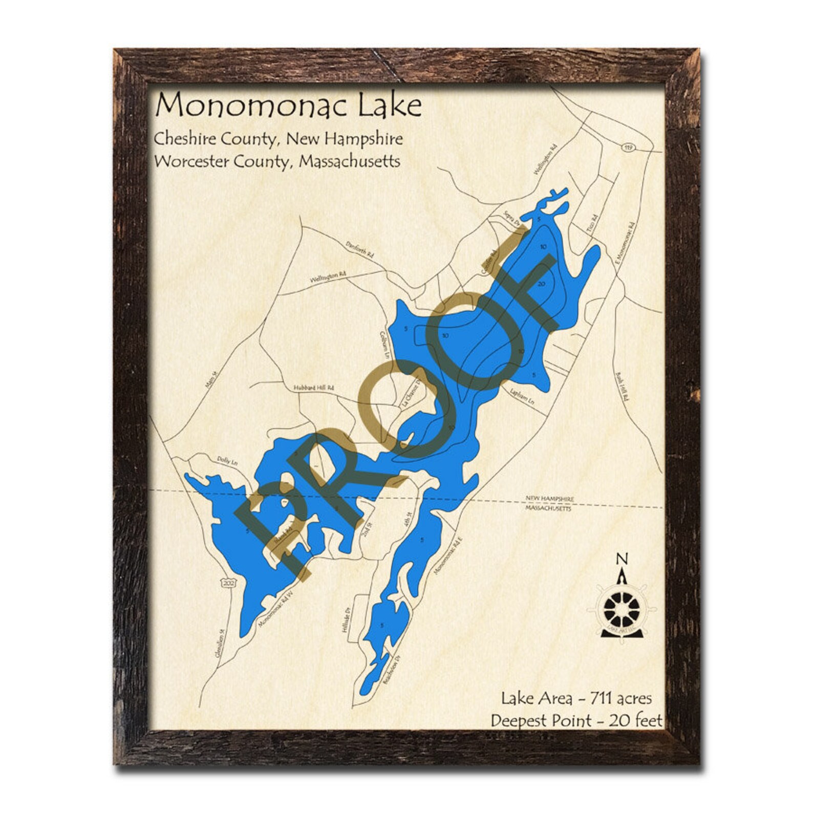 Monomonac Lake, New Hampshire 3D Wood Map | Lake House Décor - Cabin ...