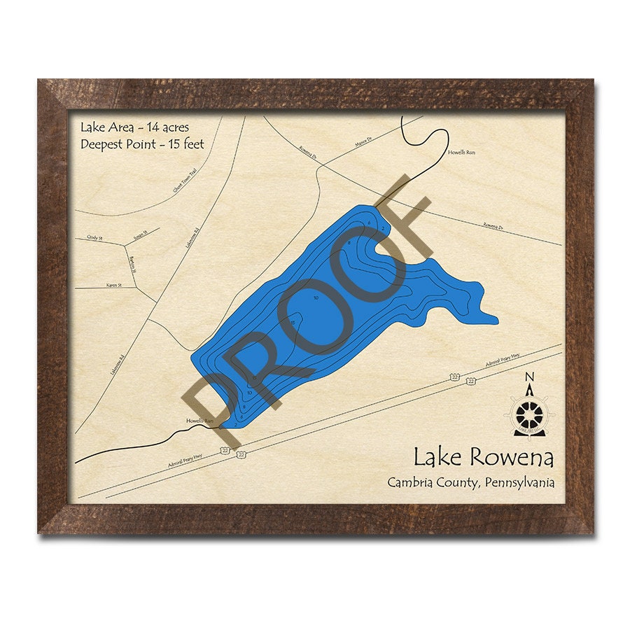 Lake Rowena, PA 3D Wood Map | Custom Nautical Map, Cabin Decor, Lake ...