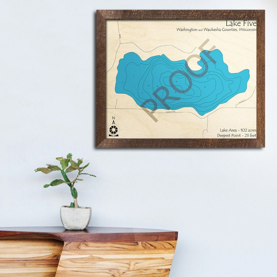 Lake Five, WI Mapa tallado en madera 3D / Arte de pared náutica ...