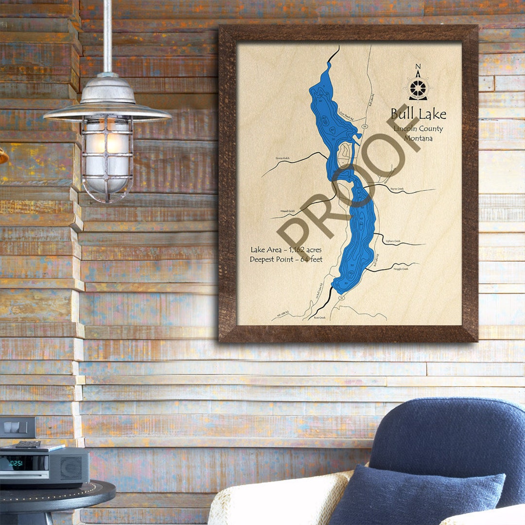 Bull Lake, MT 3D Wood Map | 3D Depth Chart, Cabin Decor, Lake House ...