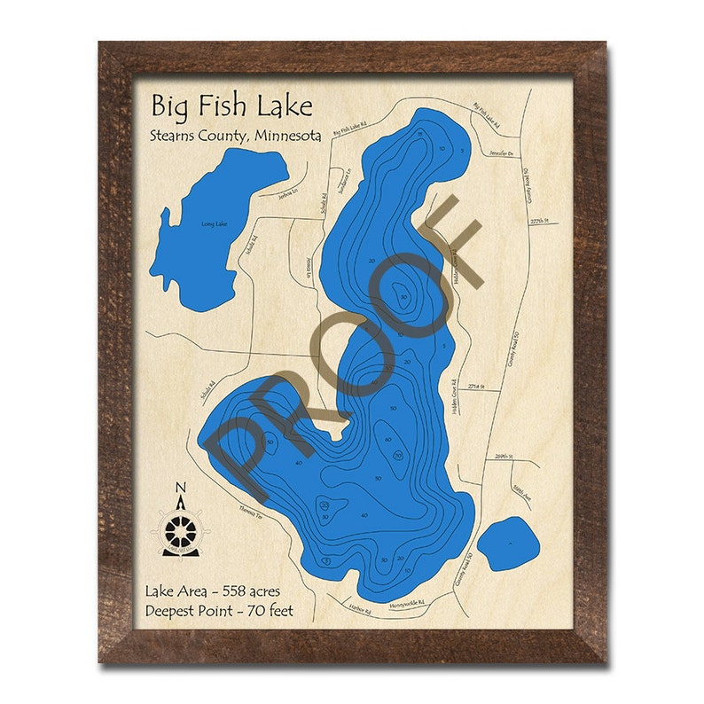 Big Fish Lake, MN 3D Wood Map | Custom Nautical Map, Cabin Decor, Lake ...