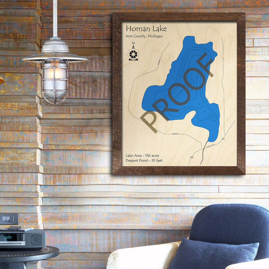 Homan Lake, MI 3D Wood Map | Custom Nautical Map, Cabin Decor, Lake ...