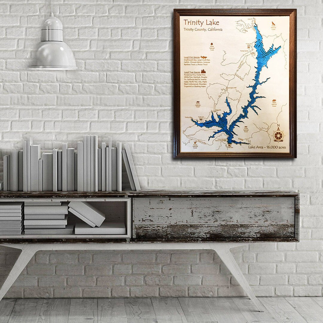 Trinity Lake California 3D Laser-cut Wood Map Depth Map of Trinity Lake ...
