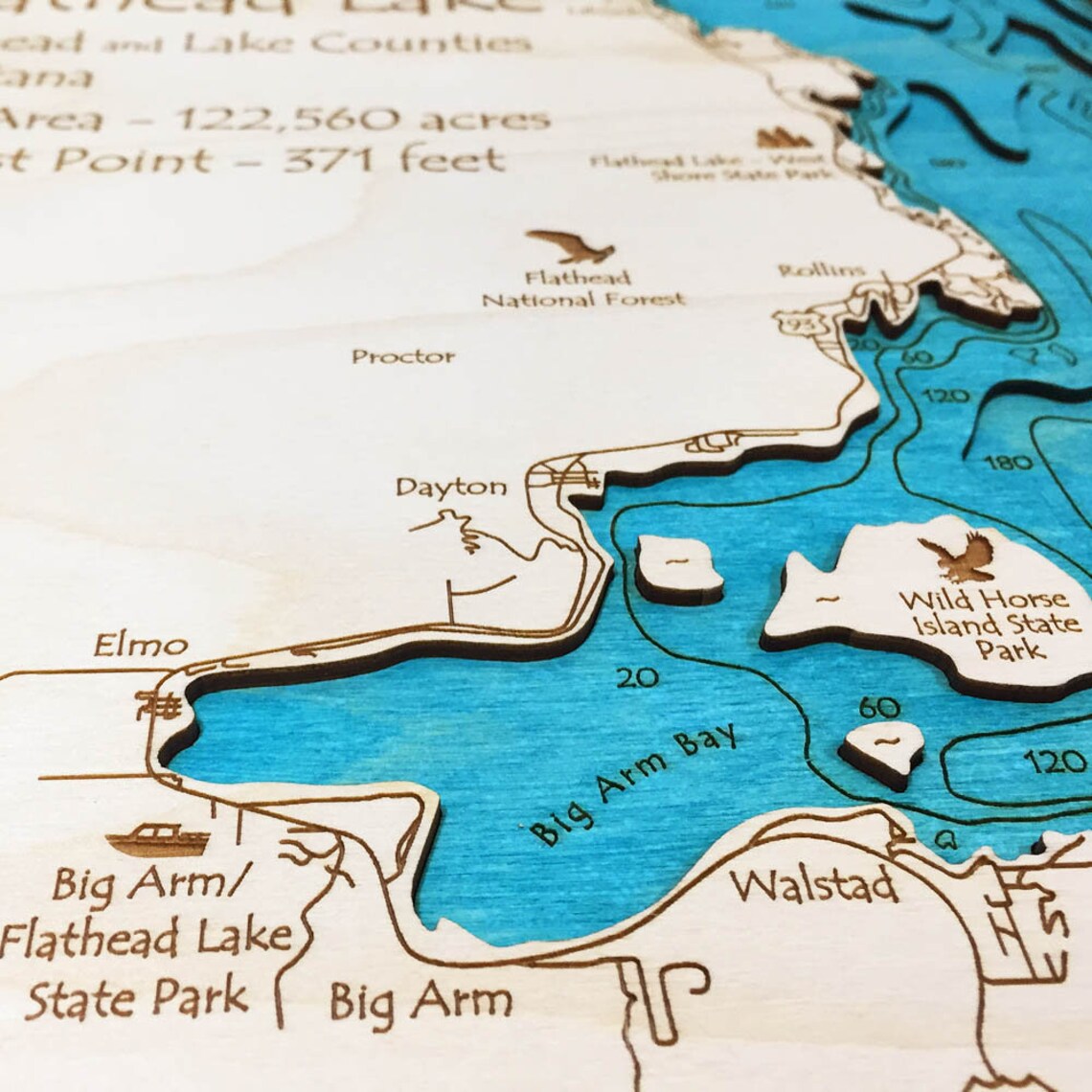 Flathead Lake Map - 3D Nautical Wood Map Flathead Lake MT Laser-etched ...