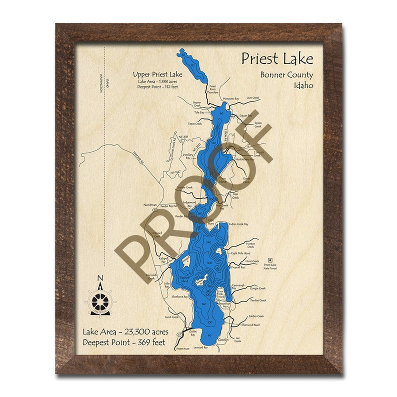 Priest Lake ID 3D Wood Map 3D Depth Map Cabin Decor Lake - Etsy