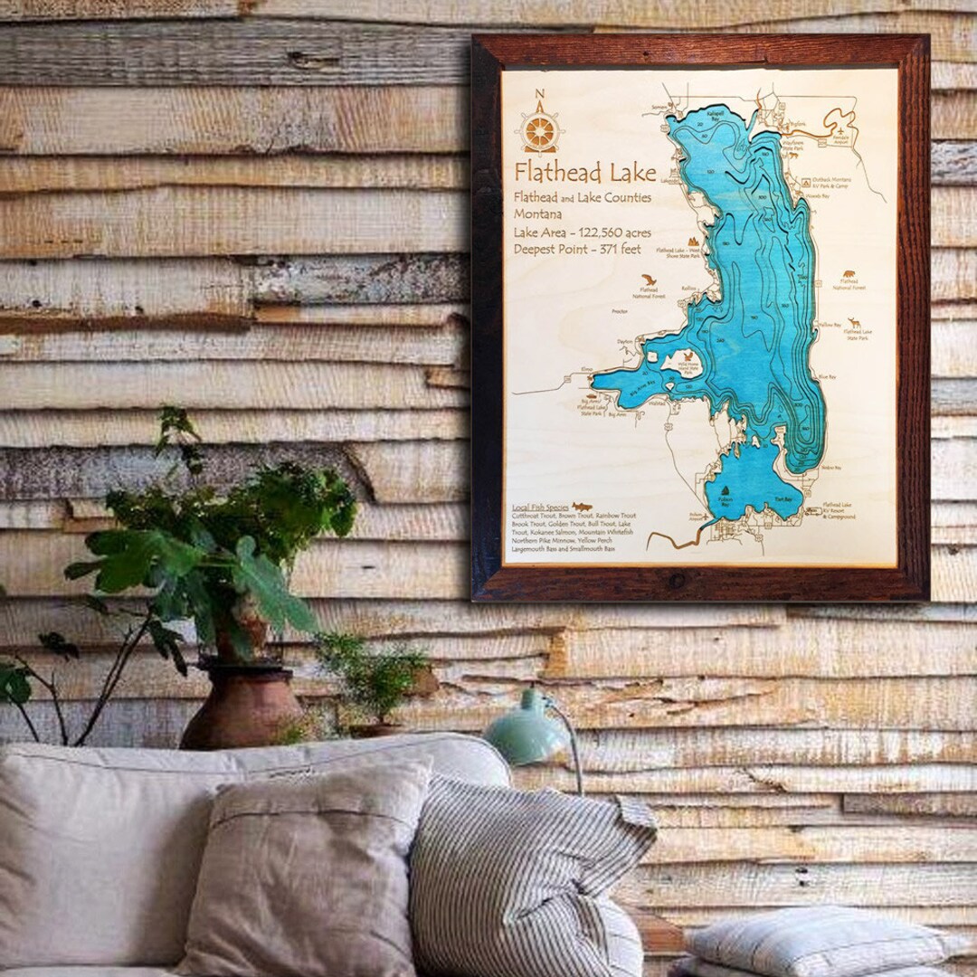 Flathead Lake Map - 3D Nautical Wood Map Flathead Lake MT Laser-etched ...
