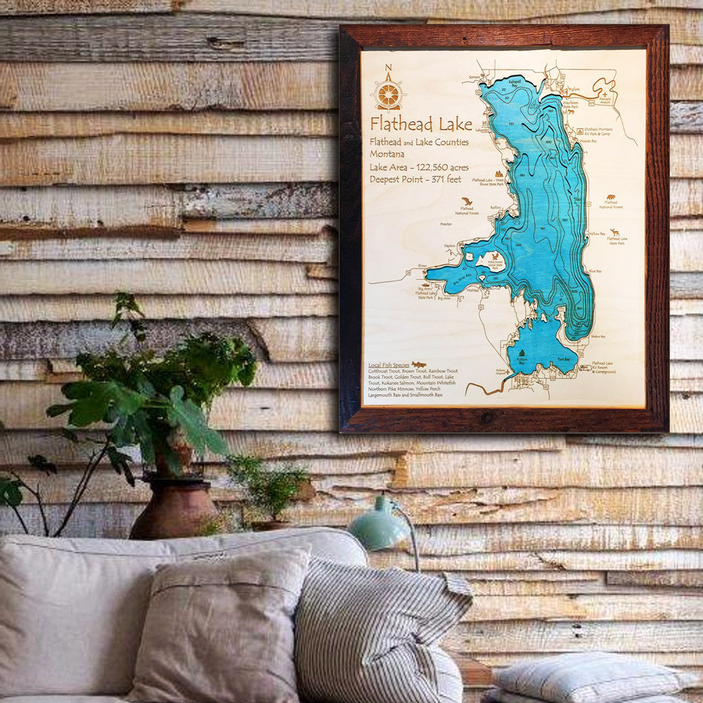 Flathead Lake Map - 3D Nautical Wood Map Flathead Lake MT Laser-etched ...