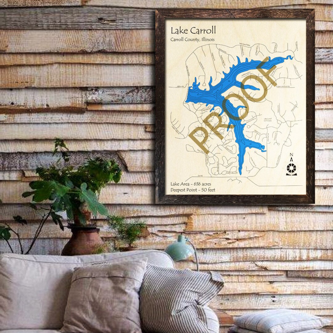 Lake Carroll, Illinois 3D Laser-cut Wood Map | Lake House Décor - Cabin ...