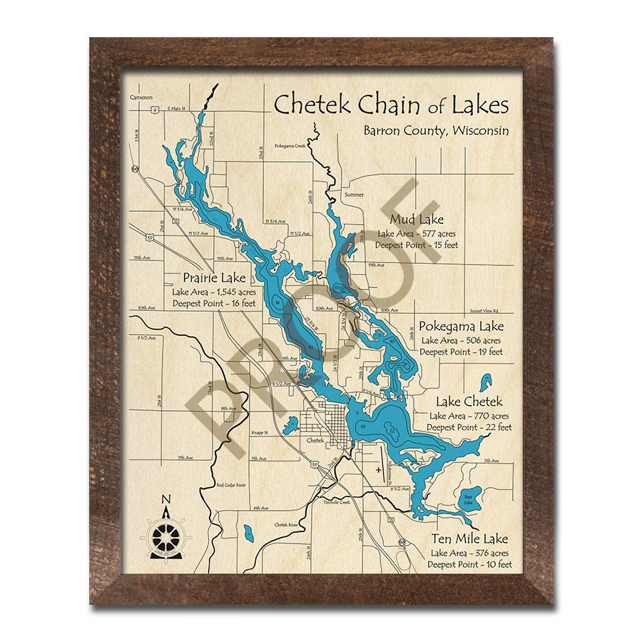 Chetek Chain of Lakes WI 3D Wood Carved Map Custom Nautical | Etsy