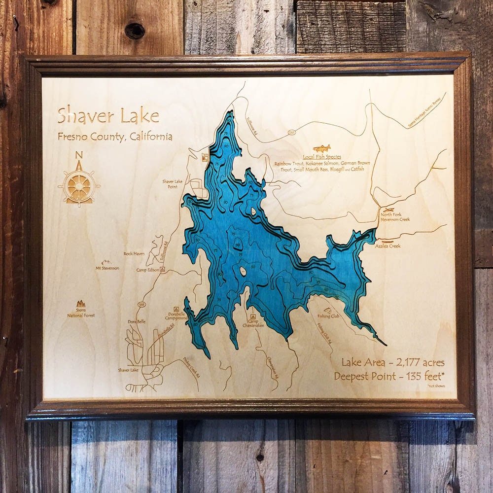 Shaver Lake California 3D Wood Map Depth Map of Shaver Lake | Etsy