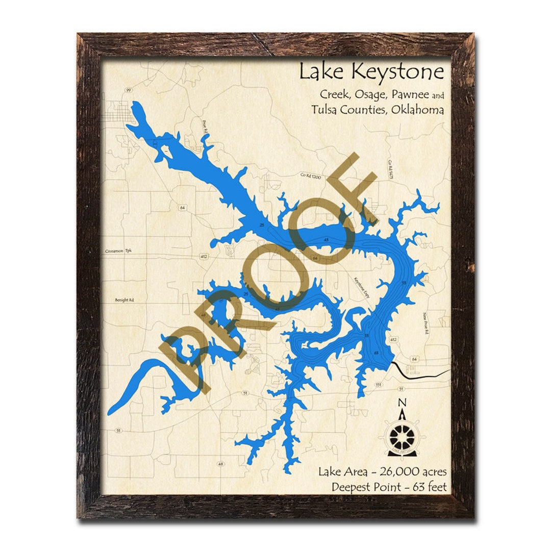 Wooden Lake Keystone Map, Oklahoma, 3D Lake Art | Custom Cabin Decor ...