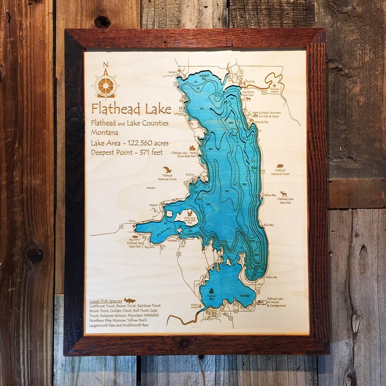 Flathead Lake Map - 3D Nautical Wood Map Flathead Lake MT Laser-etched ...