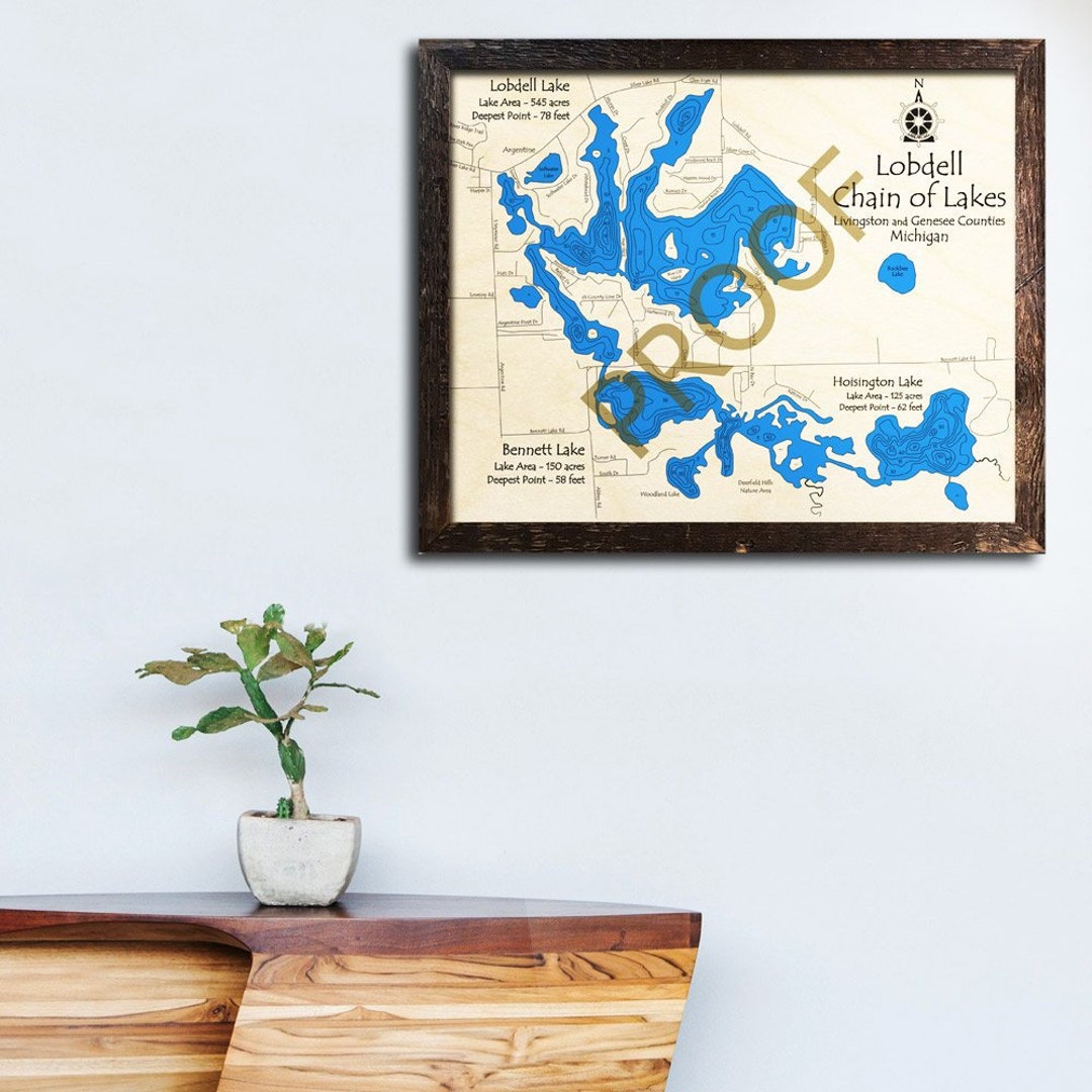 Lobdell Chain of Lakes, MI Wood Map | Custom Cabin Decor - Lake House ...