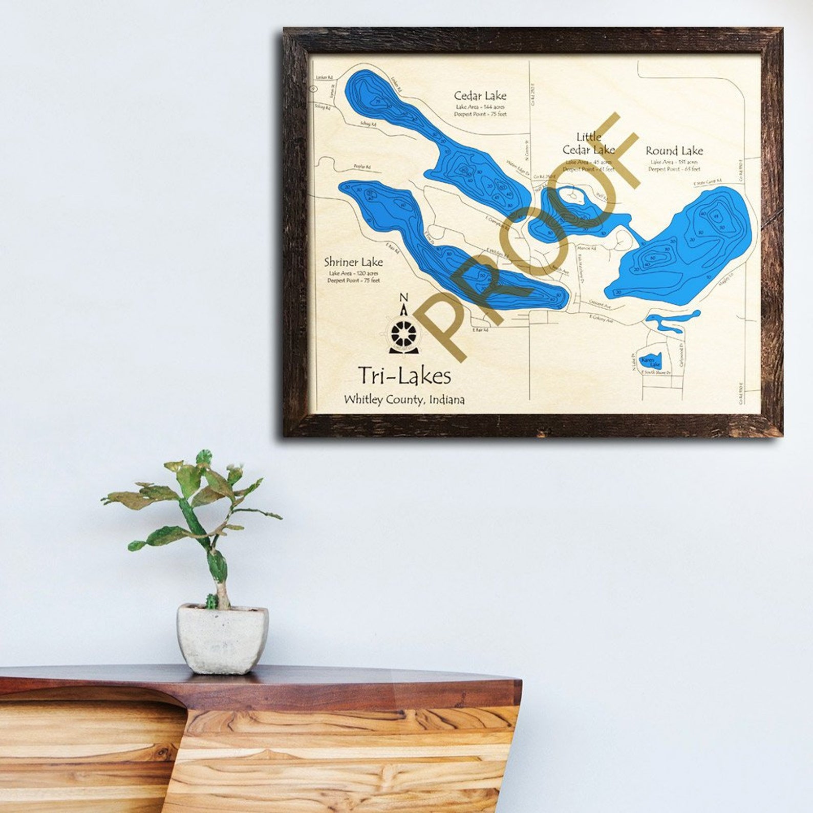 Tri-lakes Indiana 3D Wood Map Cabin Decor Lake House - Etsy