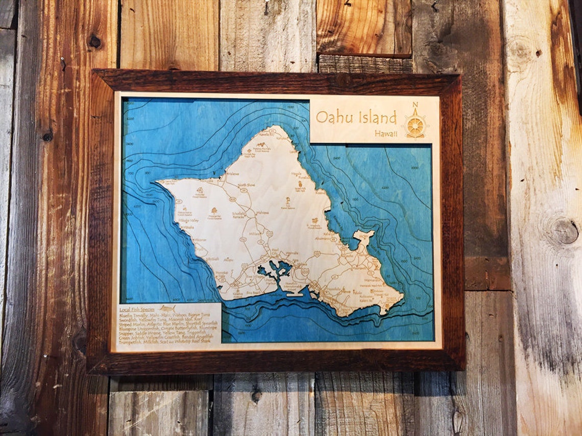 Oahu Hawaii 3D Nautical Wood Map Laser-etched Carved Wooden Map of Oahu ...