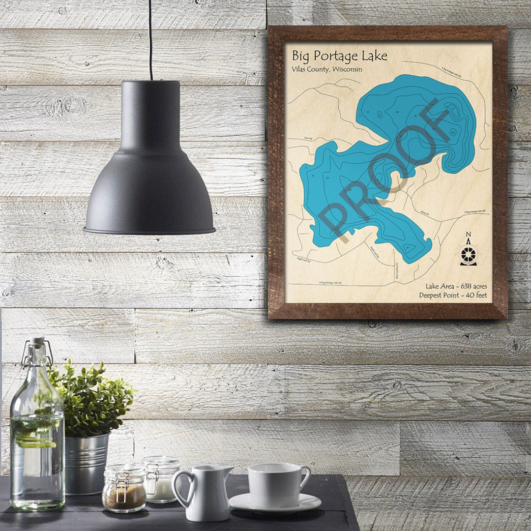 Big Portage Lake, WI 3D Wood Carved Map | Custom Nautical Wall Art ...