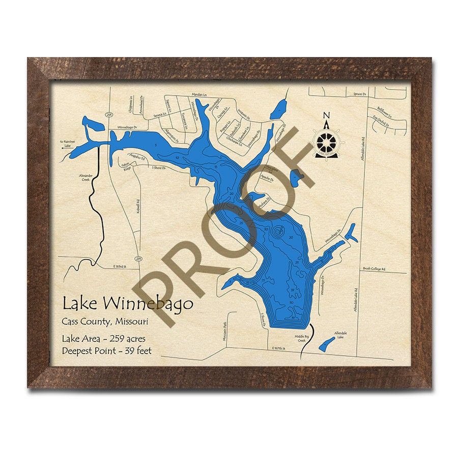 Lake Winnebago, MO 3D Wood Map | Custom Nautical Map, Cabin Decor, Lake ...
