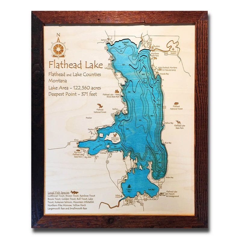 Flathead Lake Map 3D Nautical Wood Map Flathead Lake MT | Etsy